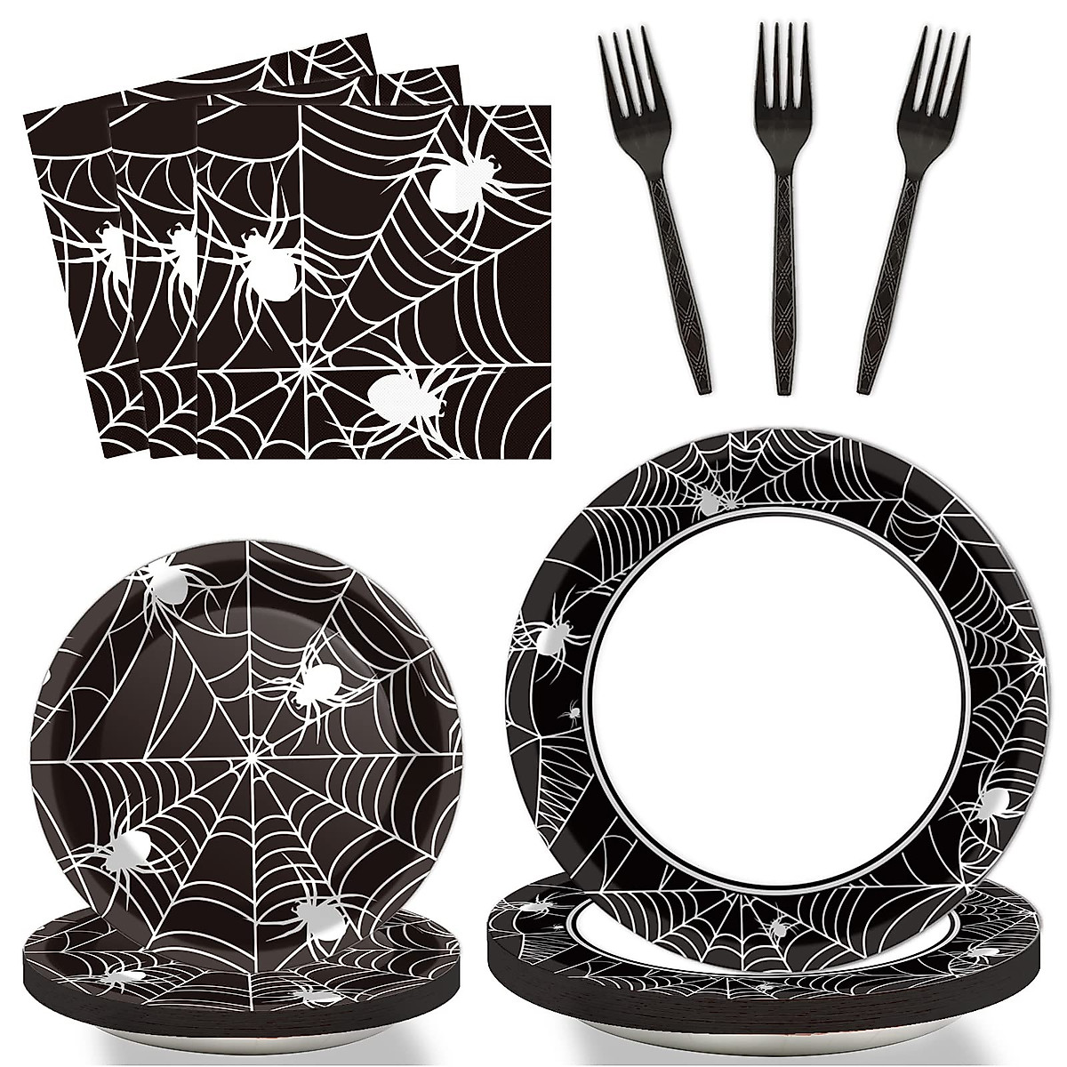 96 Pcs Halloween Party Paper Plates Napkins Supplies Set Spider Web Disposable Tableware Decorations Get Together Celebration Halloween Birthday Party Favors for 24 Guests