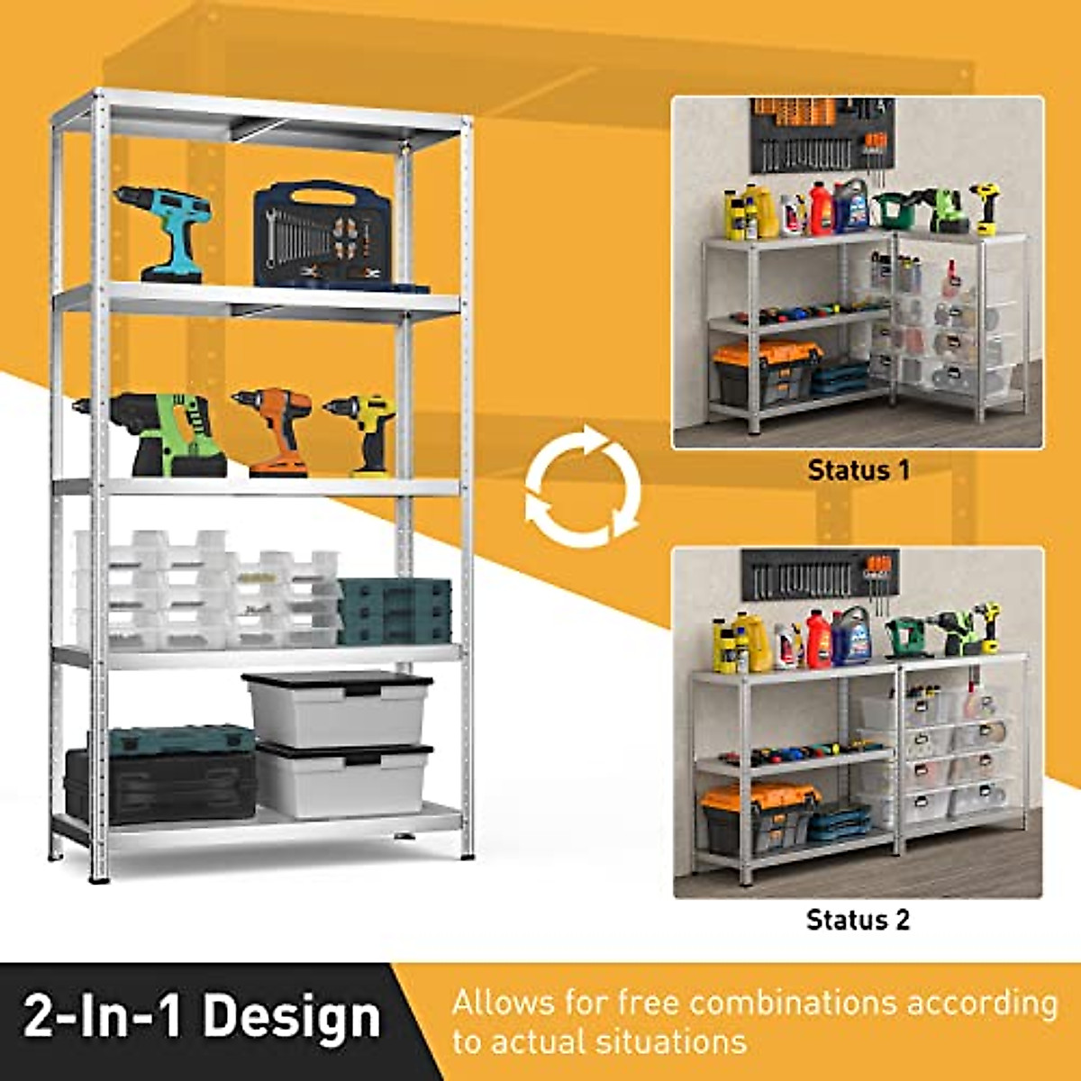Tangkula Garage Storage Shelves for Free Combination, 5-Tier Heavy Duty Metal Shelving Unit, Multipurpose Organizing Rack for Basement Warehouse Garage, Simple Assembly, 39 x 16 x 74 Inch (1, Silver)