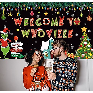 JKQ Welcome to Whoville Backdrop Banner 73 x 43 Inch Large Size Christmas Banner with Xmas Tree Gifts Signs Xmas Party Decorations Christmas Holiday Indoor Outdoor Photo Booth Props