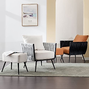 Ya-Home Modern Accent Chair with Ottoman, Velvet Upholstered Side Chair Single Sofa Armchair with Black Metal Legs for Living Room Bedroom Reception Room, Beige