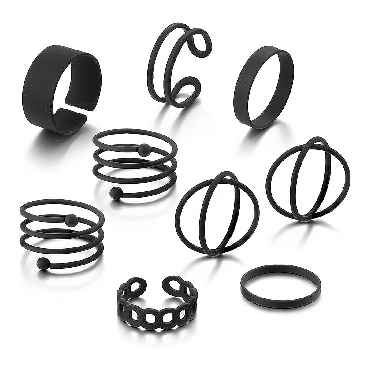 Black Rings for Women, Vintage Stackable Black Knuckle Rings Set Women Midi Rings Boho Crystal Pearl Sea Wave Finger Ring Pack (E-black-9pcs)