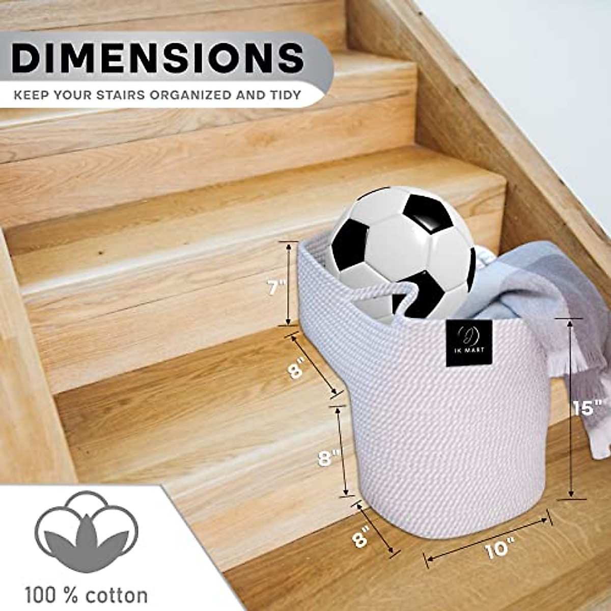 IK Mart Stair Basket - Cotton Rope Stair Baskets for Carpeted Stairs, Internal Support for 16'' Carpeted Stairs Organizer and Wooden Stairs - Perfect Basket for Toys, Laundry & Clothes Storage