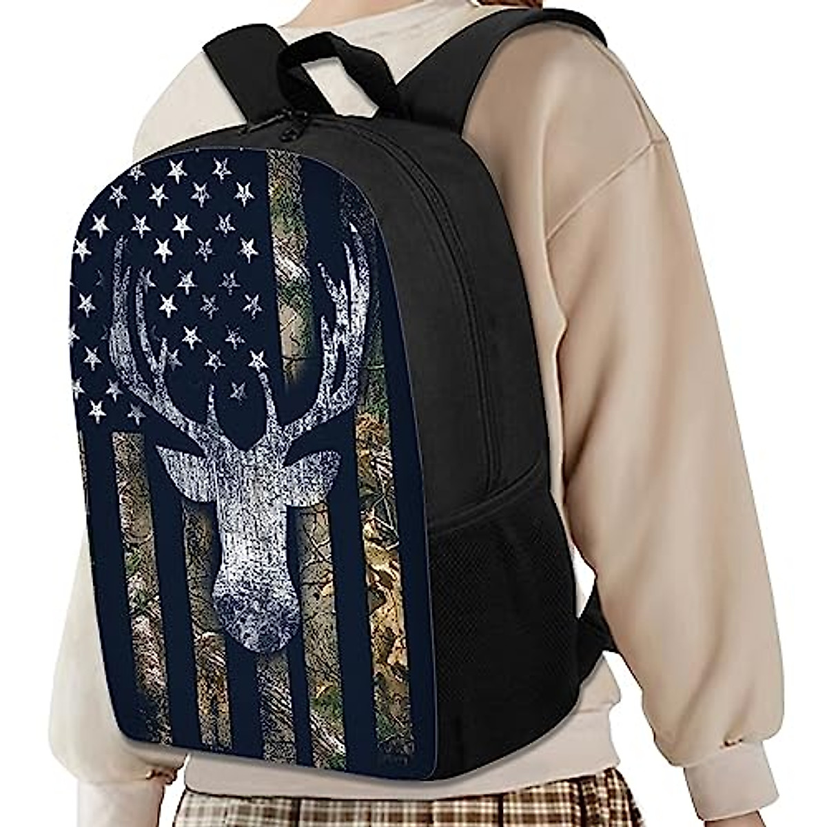 Mumeson Cool Deer and America Flag Print Kids Backpack Schoolbag Soft Cushion Shoulder Straps Rucksack Daypack Durable Zipper Closure Bookbag for Boys Middle School