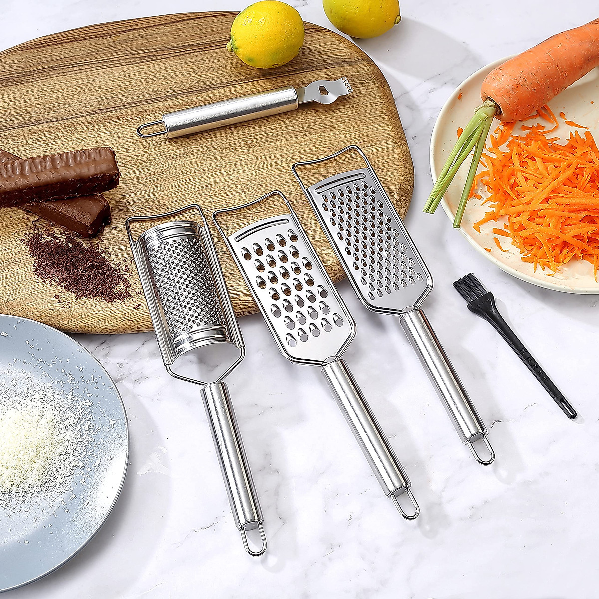 Tongjude Stainless Steel Cheese Grater Set, Set of 5 Kitchen Grater & Peeler & Slicer, Lemon Zester with Cleaning Brush for Vegetable, Fruit, Chocolate
