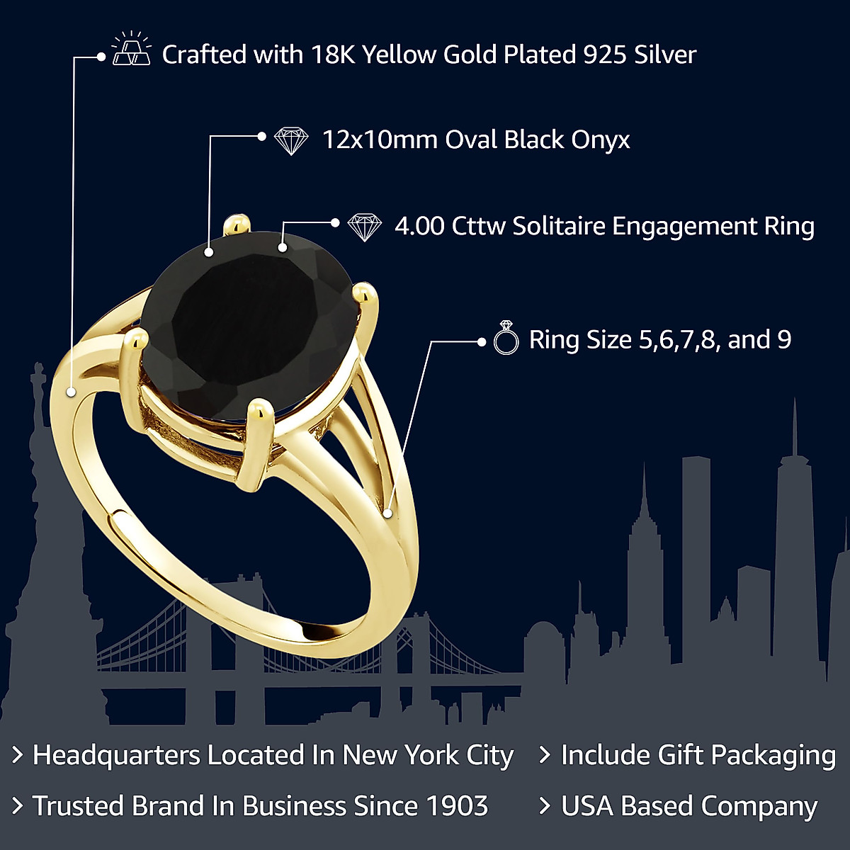 Gem Stone King 18K Yellow Gold Plated Silver Black Onyx Ring For Women (4.00 Cttw, Gemstone December Birthstone, Oval 12X10MM, Available In Size 5,6,7,8,9)