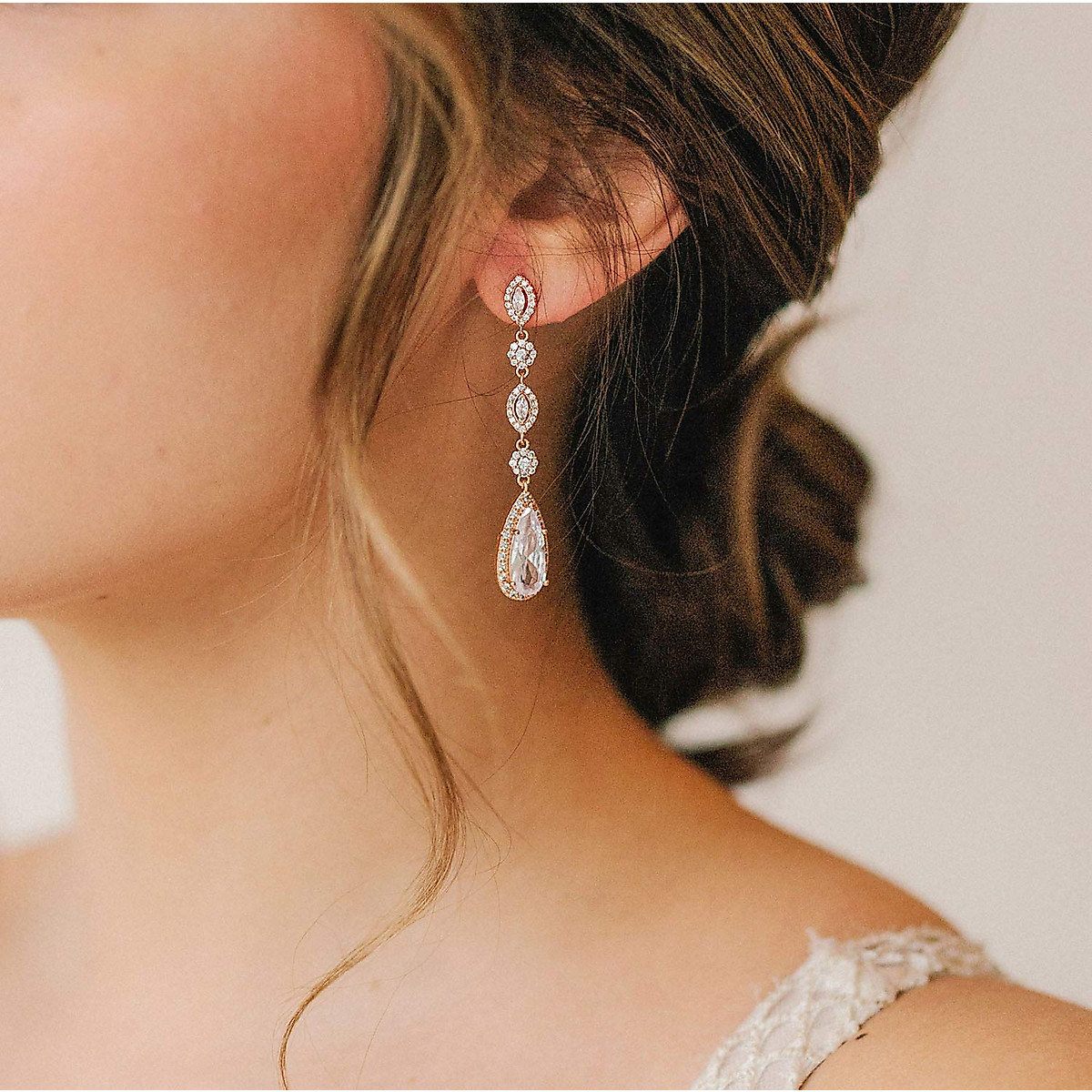 SWEETV Long Pear-Shaped Wedding Birdal Earrings for Brides, Bridesmaids, Crystal Chandelier Dangle Drop Earrings for Women Prom, Silver