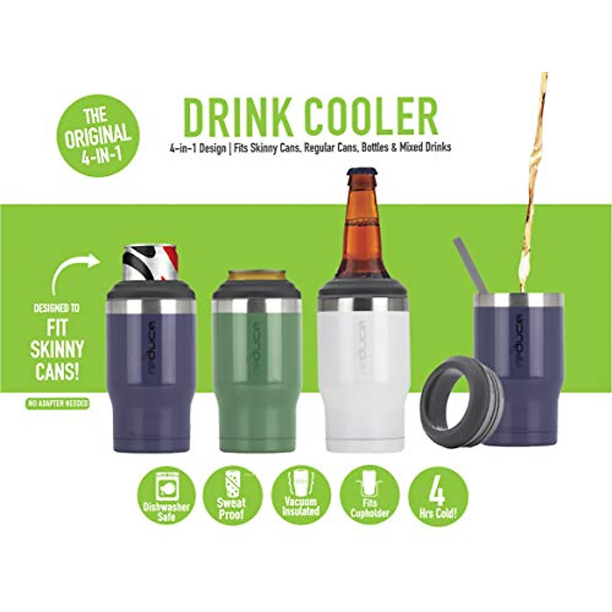 Reduce Can Cooler - 4-in-1 Stainless Steel Can Holder and Beer Bottle Holder, 4 Hours Cold - 14 oz Multi-Use Drink Cup that Holds Slim Cans, Regular Cans, Bottles and Cocktails - OG Mild Mint