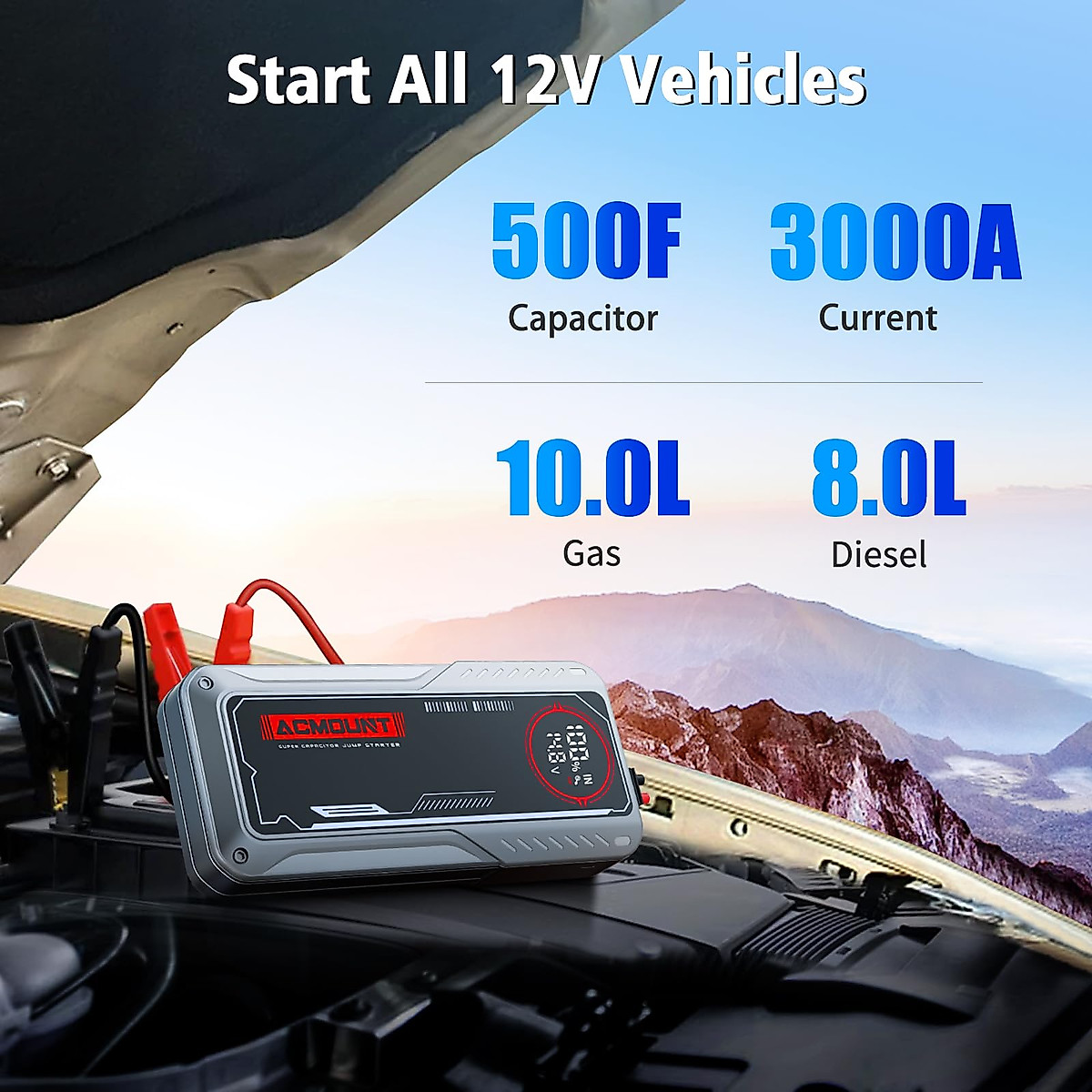 Acmount 3000A Super Capacitor Jump Starter, 500F Battery-Free Car Jump Box(Up to 10.0L Gas, 8L Diesel), Built-in Supercapacitor with Large LCD Display, No Pre-Charging Starter