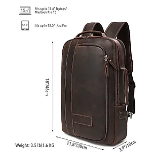 LANNSYNE Men's Full Grain Leather Expandable 15.6 Laptop Backpack Tote Shoulder Travel Bag Rucksack