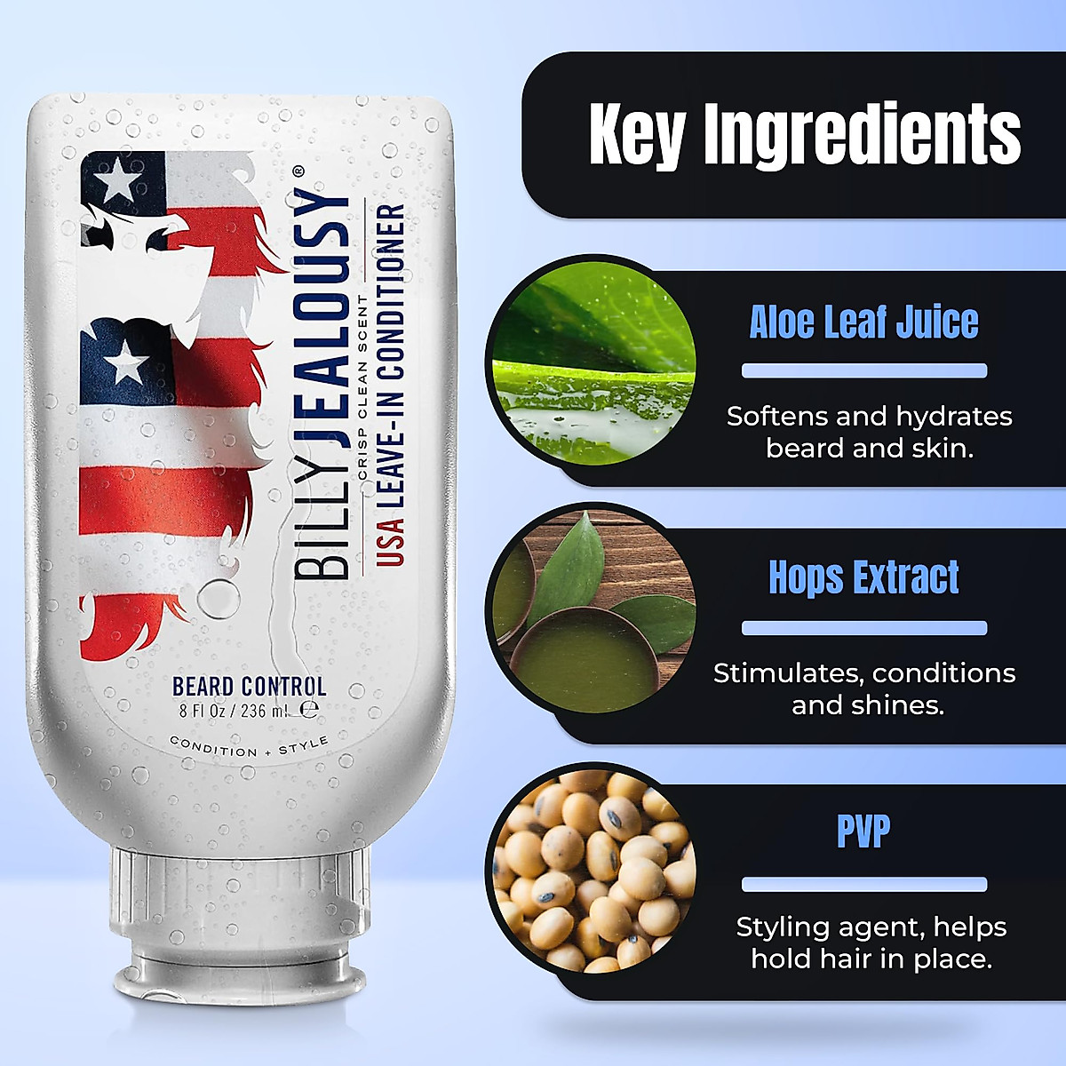 Billy Jealousy Original Beard Control Leave In Beard Conditioner for Men with Aloe Leaf Juice and Jojoba Seed Oil, Softens Hair and Skin, Light Hold with Matte Finish, 8 Fl Oz