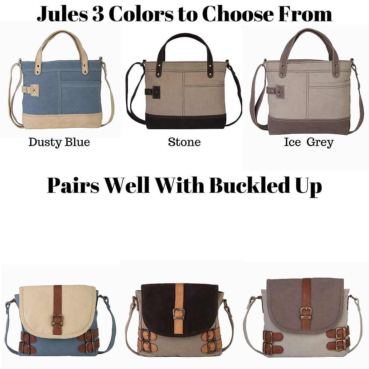 Mona B Canvas Handbag for Women | Zipper Bag | Crossbody Bag | Stylish Vintage Recycled Upcyled Bags Women (Brown-Jules Dusty Blue)