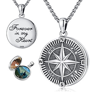 Eusense Compass Necklace 925 Sterling Silver Jewelry Compass Locket Necklace for Women Picture Locket Necklace that Holds Pictures Compass Jewelry Compass Pendant Necklace for Men