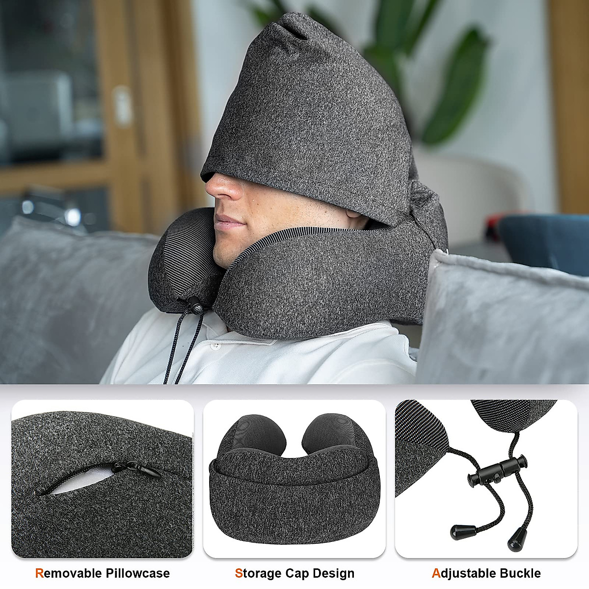 Cirorld Neck Pillow for Travel, Memory Foam Travel Pillow with Hood, Adult Airplane Pillow for Head Rest Neck Support, Portable Pillow for Office Cars Trains Long Flights Sleeping (Deep Grey)