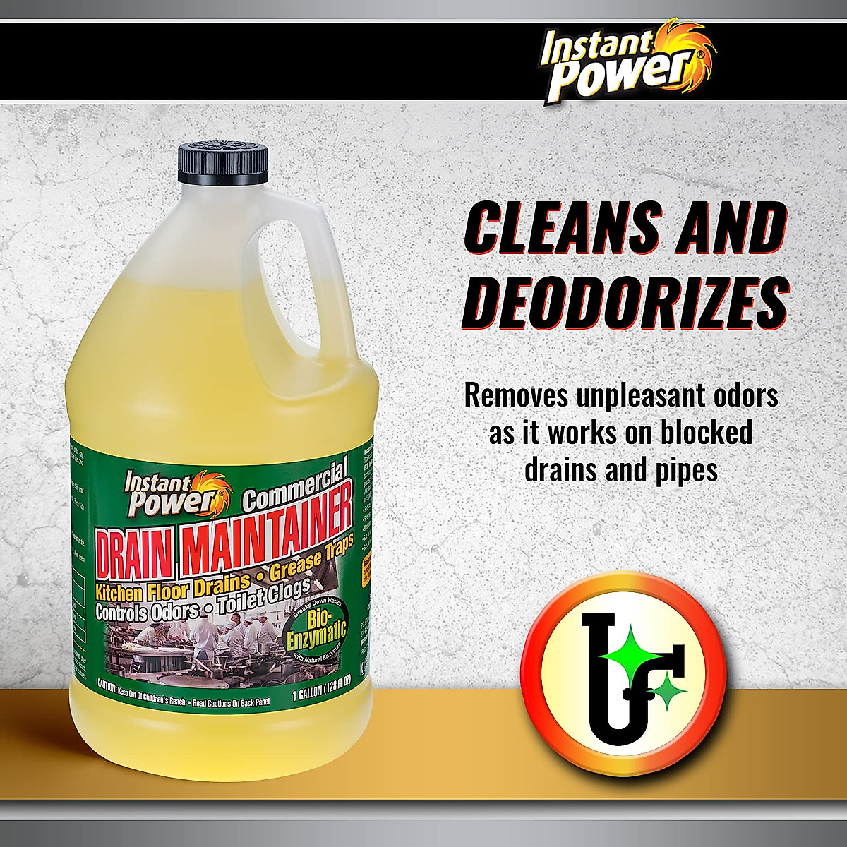 Instant Power Commercial Drain Maintainer - Liquid Enzyme Clog Remover, Cleans and Deodorizes, Reduces Drain Blockages, 1 Gal