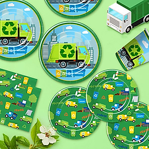 Xigejob Garbage Theme Trash Truck Birthday Party Supplies, Garbage Truck Party Decorations Dinnerware, Plate, Cup, Napkin, Waste Recycling Trash Truck Party Supplies For Birthday Baby Shower, Serve 24
