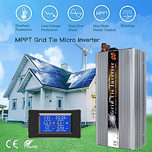 Marsrock 1000W Grid Tie Inverter, 20-50V DC to AC 110/120V Pure Sine Wave Inverter for 1000-1200W 24V, 30V, 36V PV Module or Wind Turbine (AC120V Silver)