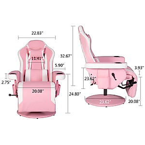 Swivel Video Gaming Reclining Chair High Back Ergonomic Recliner Chair with Headrest, Lumbar Support, Adjustable Backrest, Footrest, Cupholder, Pink White