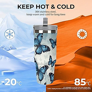 STVNKML 30 Oz Tumbler with Handle And Straw, Blue Butterfly Leakproof Stainless Steel Water Bottle for Hot & Cold Drinks 24 Hours, Car Cup Holder Friendly, Travel Mug for Home, Office, Gym