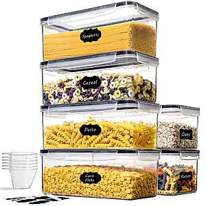 [6 Pack] 3.2L Airtight Pasta, Spaghetti Storage Containers Set with 6 Measuring Cups, BPA Free Plastic Food Containers with Lids for Kitchen, Pantry Organization and Storage