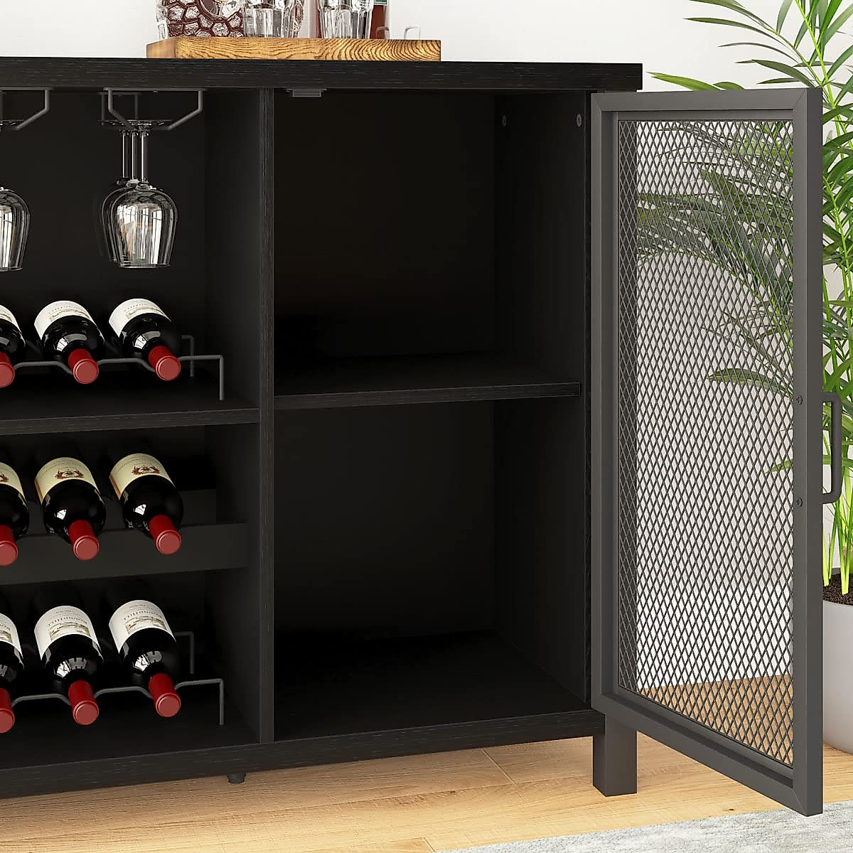 IBF Black Coffee Bar Cabinet, Liquor Cabinet with Wine Rack Storage, Industrial Kitchen Buffet Cabinet for Liquor and Coffee, Farmhouse Wine Cabinet for Home Living Dining Room, Black Oak, 55 Inch