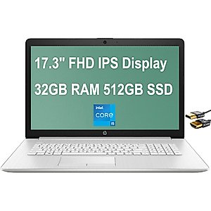 HP 17 Laptop Computer 17.3" Full HD IPS Display 11th Gen Intel Quad-Core i5-1135G7 (Beats i7-10510U) 32GB RAM 512GB SSD Intel Iris Xe Graphics Webcam Win10 Silver + HDMI Cable