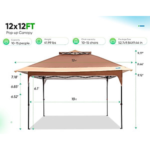 Quictent Pop up Gazebo Canopy 12 x 12, One Person Set up Portable Instant Folding Shelter, Outdoor Canopy Tent with Extra Shade for Backyard, Patio, Party - Tan&Brown