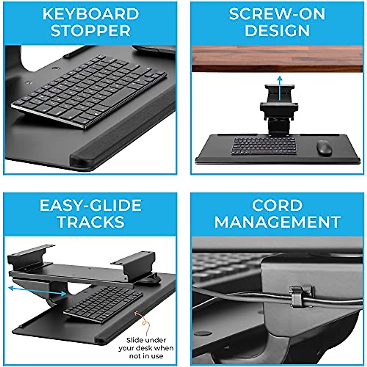 Stand Steady Under Desk Keyboard Tray | Adjustable Tilting Keyboard Shelf for Ergonomic Typing | Screw-On Under Desk Storage with Cable Clips (Tray Specs: 26.5in x 10in | Overall Specs: 26.5in x 17in)