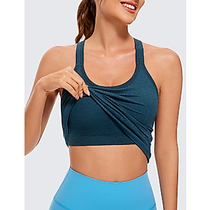 CRZ YOGA Womens Seamless Ribbed Racerback Tank Tops with Built in Bra - Padded Scoop Neck Slimming Athletic Long Camisole Petrol Blue Medium