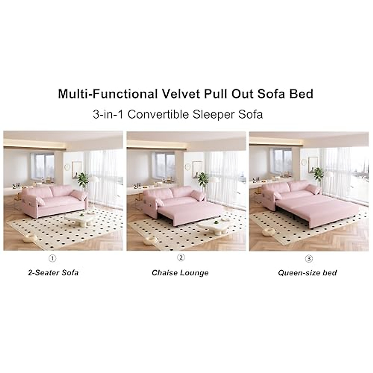 FANYE 3 in 1 Oversized Loveseat Sleeper Sofa W/Pull Out Couch Bed and Padded Armrests Convertible Queen Size Sofabed for Home Office Apartment Living Room(Available in Black/Gray/Beige/Pink)