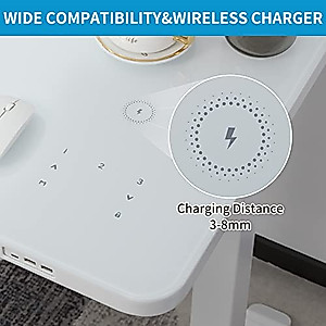 ERGOMORE Glass Standing Desk with Wireless Charging, 45x23 Inch Dual Motor Height Adjustable Desk with Drawer, Touch Control, 3 Memory Presets, Power Strip and USB Ports for Home and Office (White)