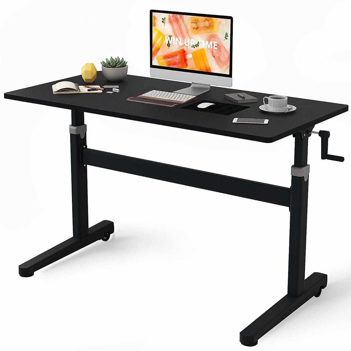 Win Up Time Manual Standing Desk Adjustable Height Heavy Duty- Crank Mobile Standing Desk 48 x 24 Inches Sit Stand Desk Frame & Top, Stand Up Desk on Wheels, Computer Desk Black Frame & Black