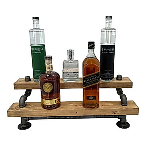 Freestanding Liquor Shelf | 2 Tier Industrial Bar Display | Liquor Bottle Display | Wood Wine Shelf | Bar Organization | Tiered Bottle Shelf (24", Aged Barrel)