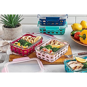 Ello Duraglass 3.4 Cup Meal Prep Sets 10Pc, 5 Pack Set- Glass Food Storage Container with Silicone Sleeve and Airtight BPA-Free Plastic Lids, Dishwasher, Microwave, and Freezer Safe, Evening Orchard
