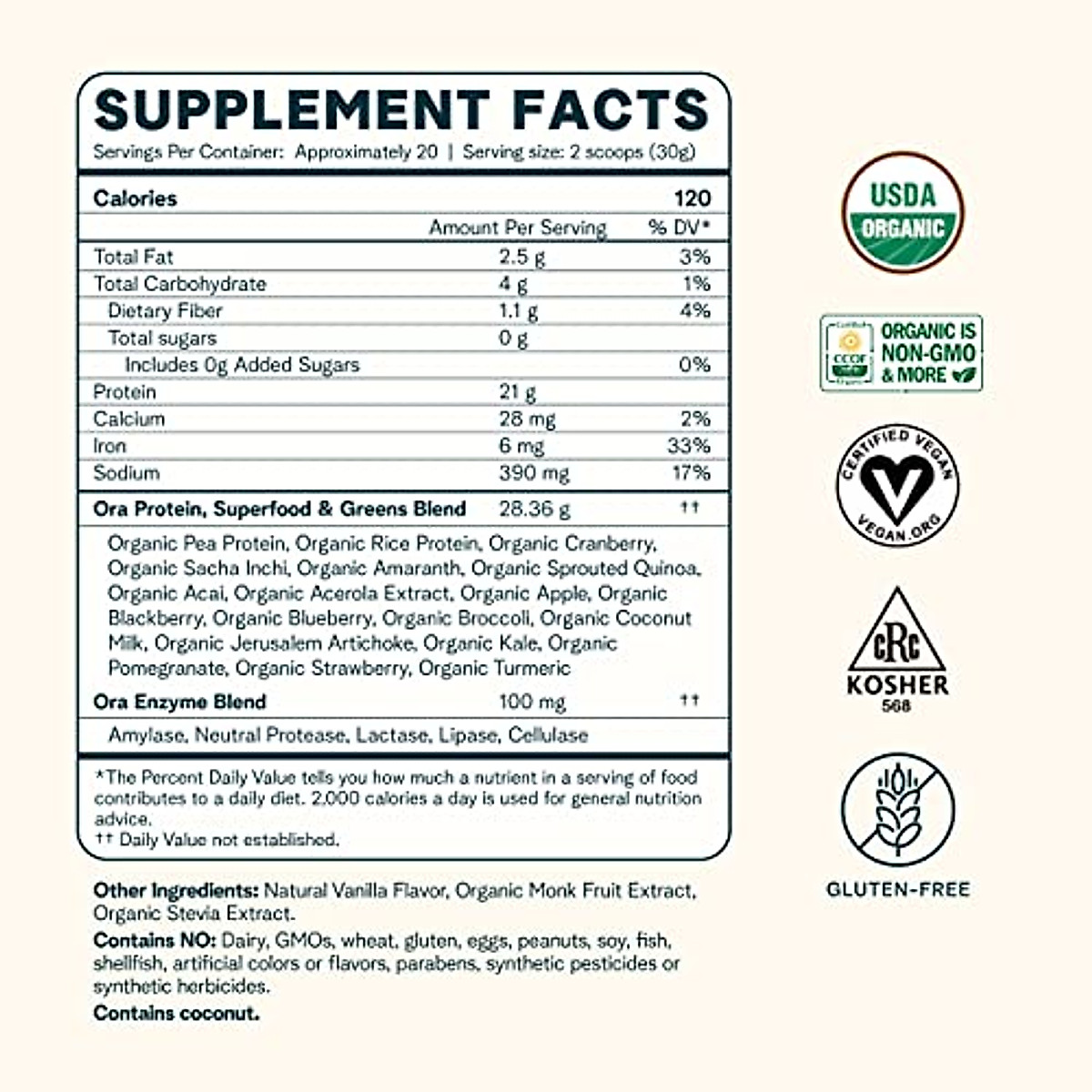 Ora Organic Vegan Protein Powder - 21g Plant Based Protein Powder for Women and Men | Keto Friendly, Gluten Free, Paleo, Dairy-Free, Gluten-Free, Soy-Free - Vanilla Flavor, 20 Servings