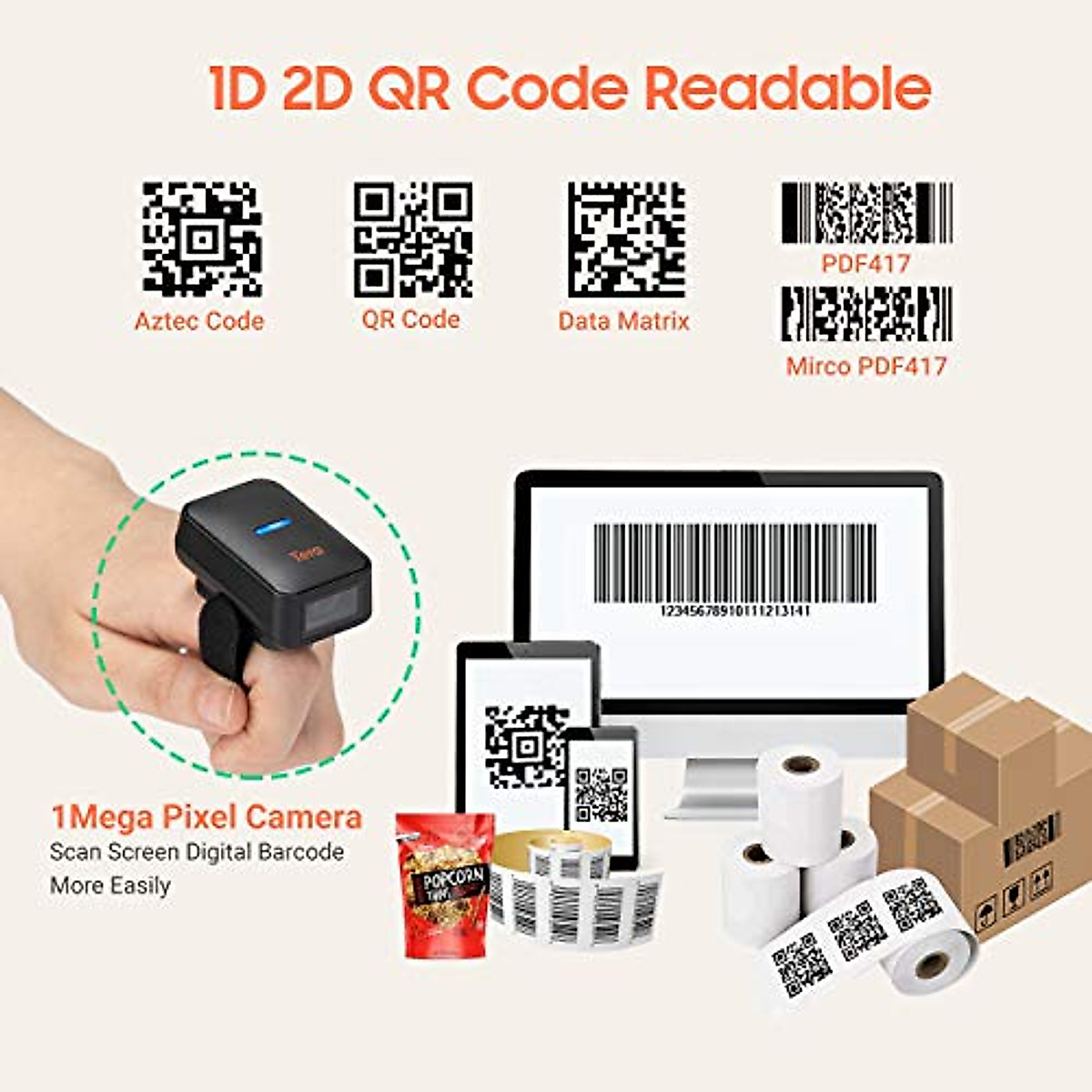 Tera Pro Extreme Performance 1D 2D QR Wireless Ring Barcode Scanner with Bluetooth, Extra Fast Scanning Speed Ultra High Resolution Mini Wearable Finger Bar Code Reader Model HW0010