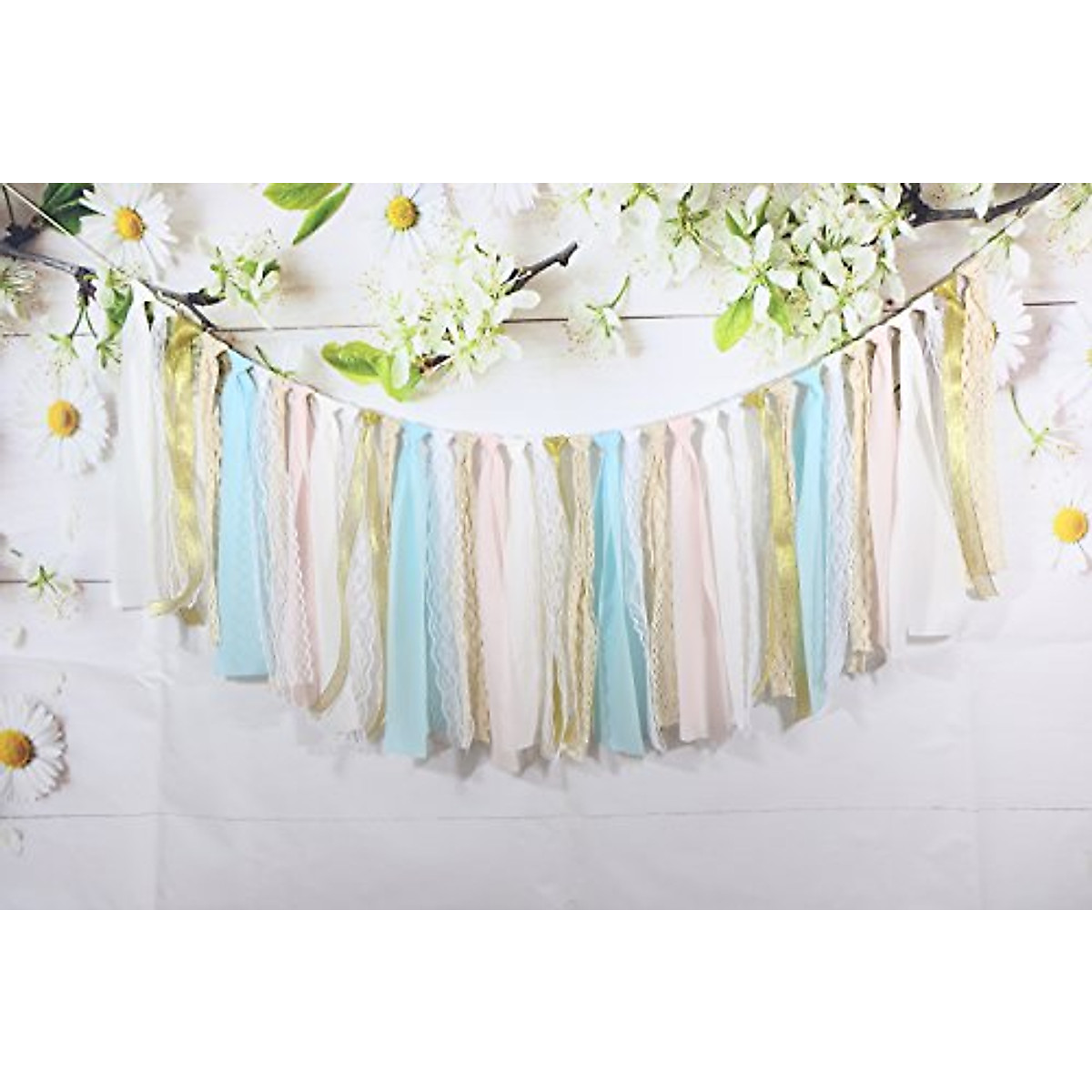 Fabric Tassel Garland Rag Tie Garland Shabby Chic Blush Banner for Wedding Decor Baby Shower Party Decor Home Decor Wall Hanging Boho Decor Birthday Banner (Pink+Gold+Blue)