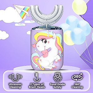 Kids Ultrasonic Electric Toothbrush, U-Shaped Toothbrush 6 Gear Speed Mode IPX7 Waterproof 360° Oral Cleaning Automatic Toothbrush for 2-7 Years Old Baby Toddler (Purple)