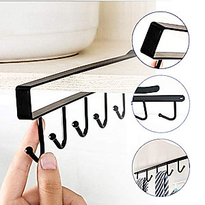 Evadow 5Pack 6-Hook Under Cabinet Mug Hook, Metal Iron Kitchen Storage Utensil Hooks with Free Nails and Screws, Black Wall Organizer Shelf Rack for Mugs, Cups, Teapot and Kitchen Utensils Display