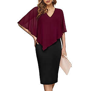 Bodhi talk Women's Solid Color Tank Dress Floral Chiffon Fake Two Pieces Dress Sleeveless Sheath Cape Dresses Dark Red X-Large