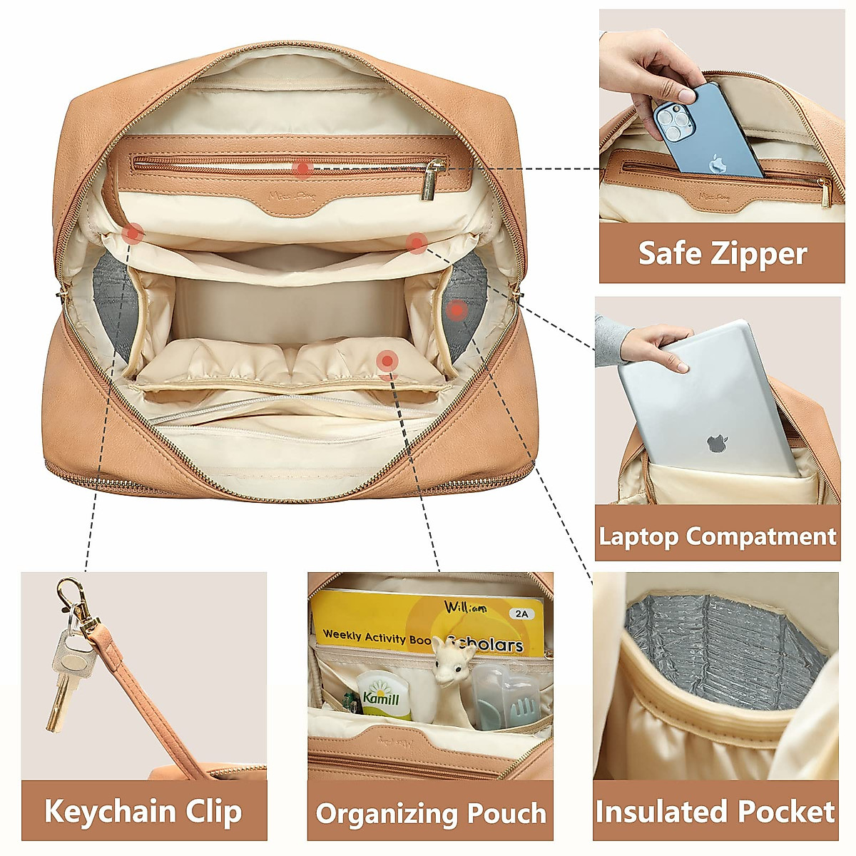 miss fong Leather Diaper Bag Backpack Diaper Bag Purse, Baby Diaper Bag for mom dad with 12 Diaper Bag Organizers, Changing Pad and 4 Insulated Pockets, Faux Leather Diaper Bag Backpack(Brown)