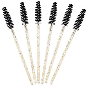 300 Pack Glitter Mascara Wands Disposable EyeLash Spoolie Brushes Makeup Applicator Eyelash Extension Tool Kit, Crystal Gold Handle Black Brush Head