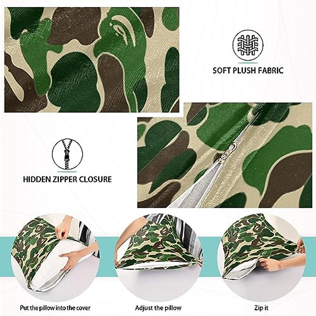 Camouflage Green Pillow Cases Standard Size Breathable Skin-Friendly Velvet Pillow Covers Soft Cozy Pillowcase for Bedroom Sofa Couch Home Decoration