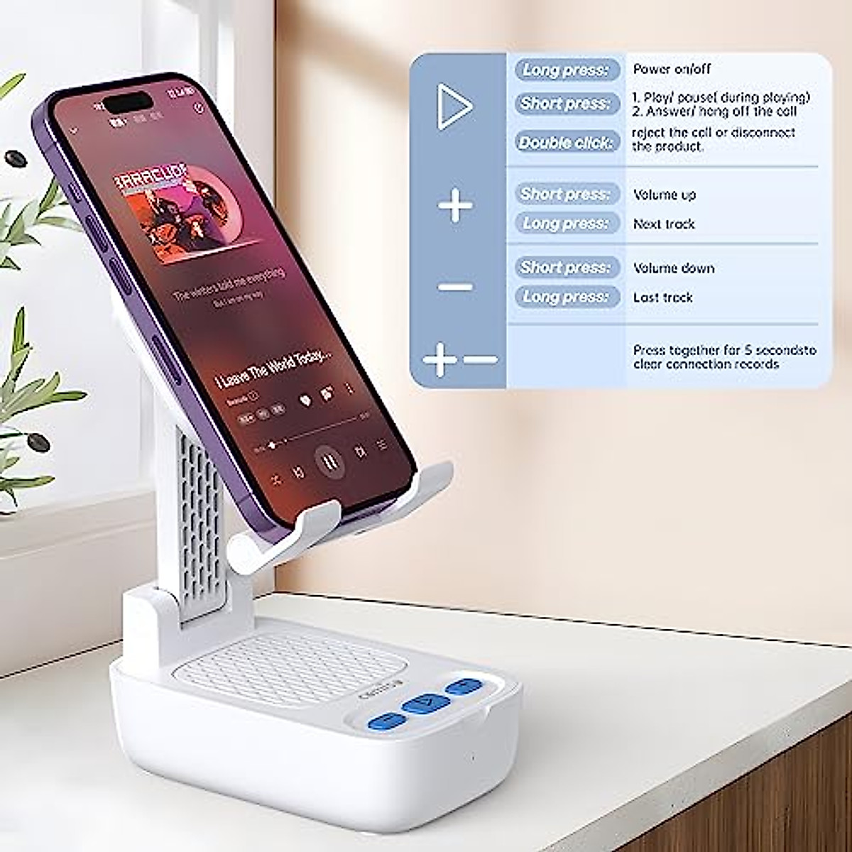 comiso Cell Phone Stand with Wireless Bluetooth Speaker, Punchy Bass & HD Stereo Sound Speaker for Home & Outdoors Compatible with iPhone/ipad/Samsung, Unique Ideal Gifts for Men Women (White)