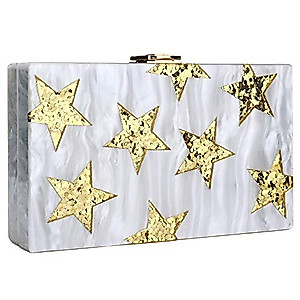 YYW Womens Acrylic Star Designer Evening Bag Glitter Sequins Clutch Purse Box Bag Party Wedding Cocktail Handbags Shoulder Bag (White)