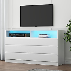 Loomie 6 Drawer Dresser for Bedroom, Wide Chest of Drawers with Charging Station and LED Lights, Traditional Bedroom Furniture, Modern Storage Dresser TV Stand for Living Room (White)