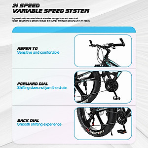 Fat Tire Mountain Bike, 26'' 21 Speed Outdoor Snow Beach Hybrid MTB Racing Bikes for Adult Women Men, Comfort Complete Cruiser Bicycle, Lightweight City Commuter Road Cycling, Dual Disc Brakes (I)