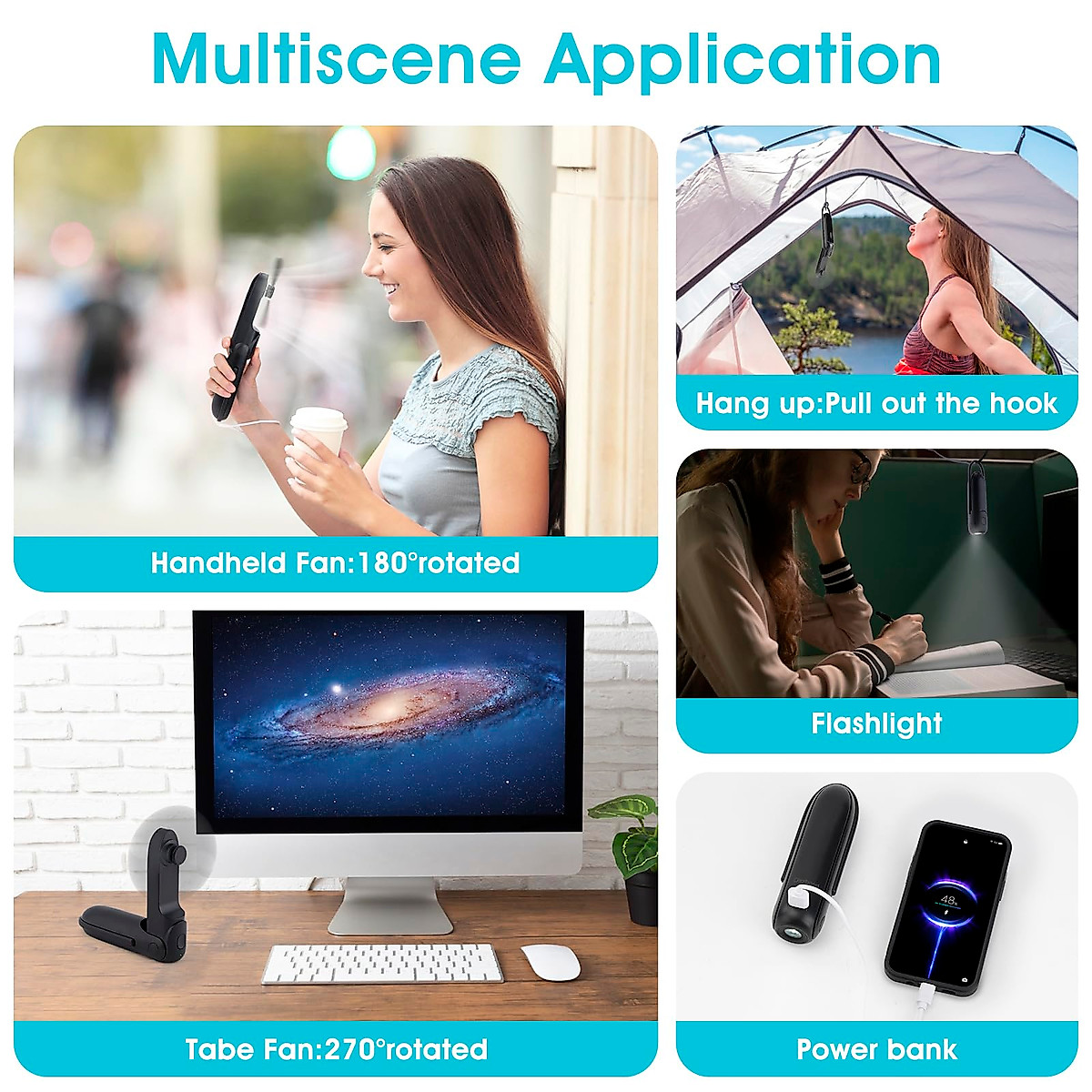 Digibond Mini Fan Handheld Rechargeable Battery Powered 3000mAh 6in1 Bullet Shape Portable Personal Fan 3 Speed Soft Blades Pocket Fan for Travel with Power Bank/Flashlight (Black)