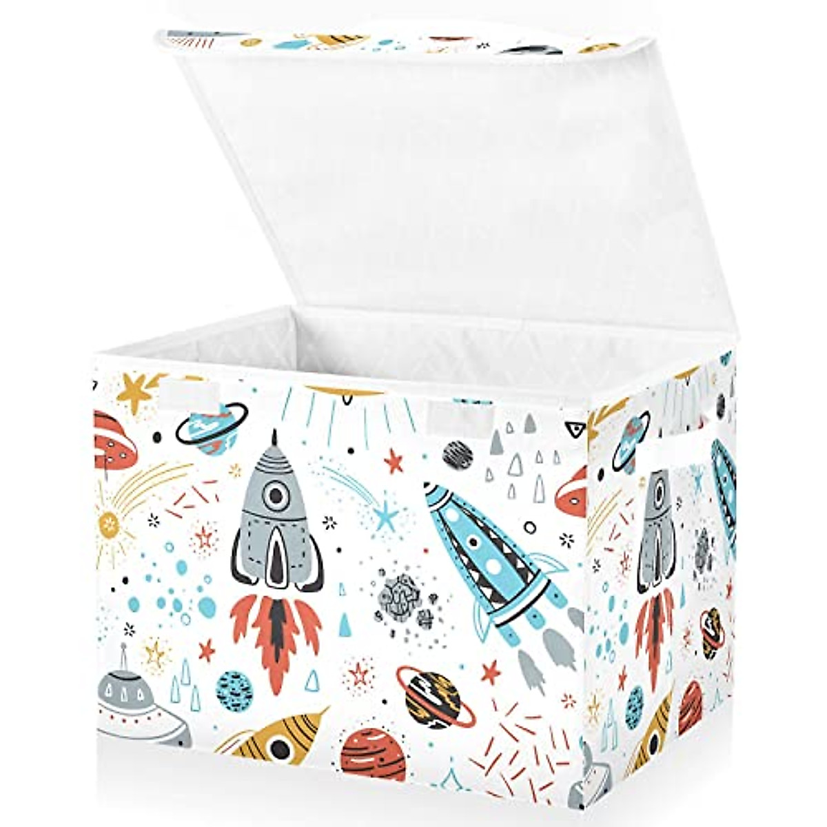 Kigai Cartoon Rocket Planet Star Storage Bin, Storage Baskets with Lids Large Organizer Collapsible Storage Bins Cube for Bedroom, Shelves, Closet, Home, Office 16.5 X 12.6 X 11.8 Inch