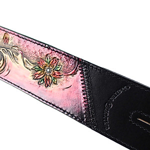 Walker And Williams KB-21 Black & Magenta Carved Grain Leather Strap W/Fire Koi Design