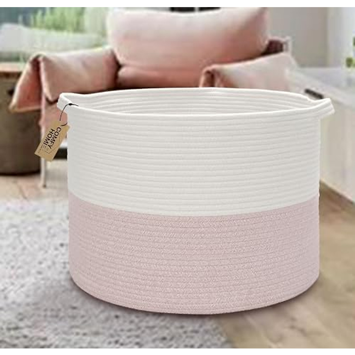COMFY-HOMI New Extra Large Blanket Storage Basket 21''x21''x13.6''|Toy Organizers and Storage|Cotton Rope Woven Round Basket for Blanket|Baby Basket for Newborn-White/Pink